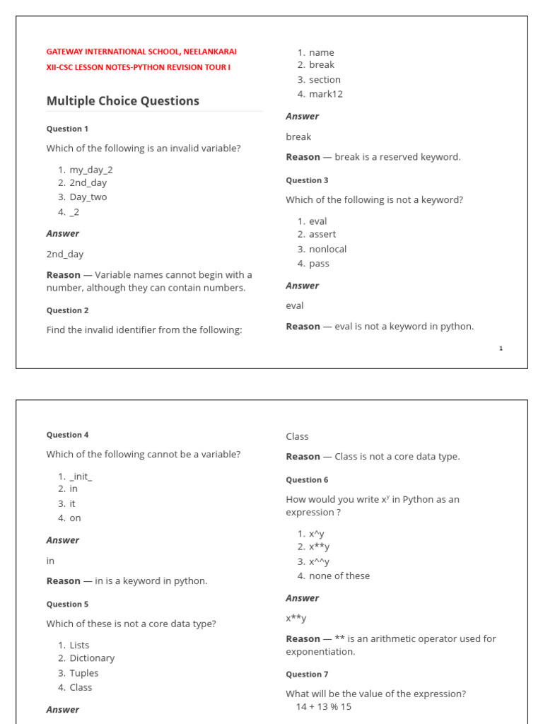 Python Revision Tour I and II Notes | PDF | Variable (Computer Science ...