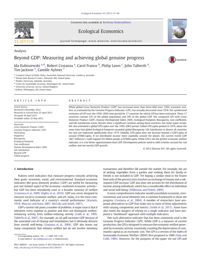 Kubiszewski - Beyond GDP Measuring and Achieving Global Genuine ...
