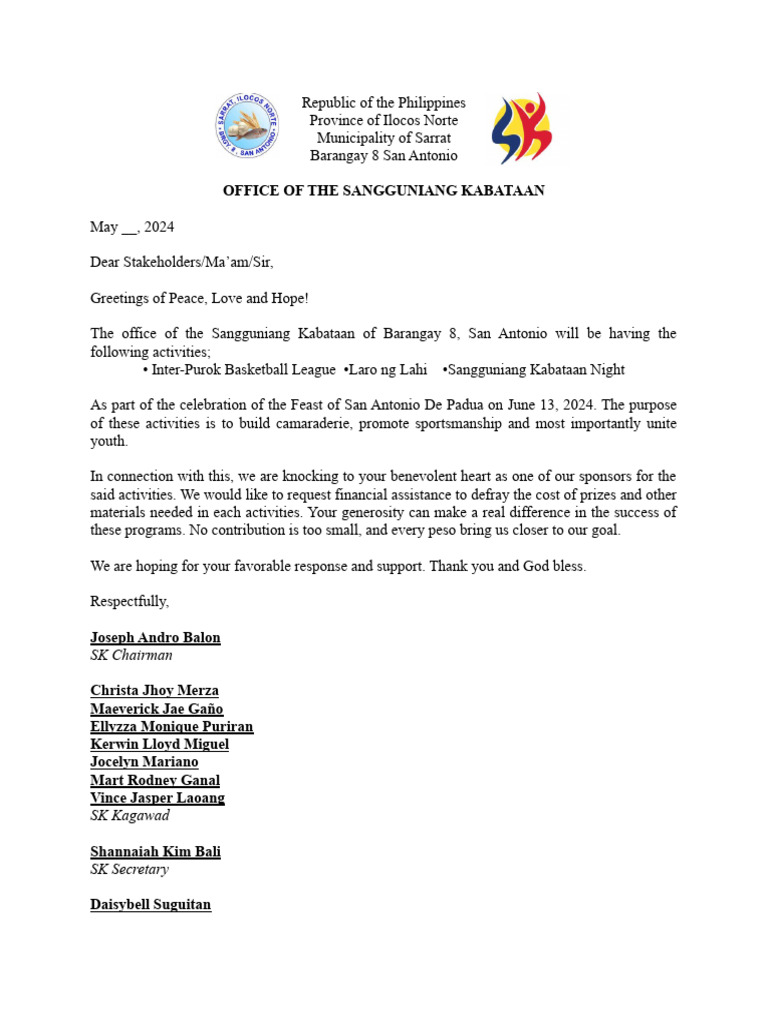 Solicitation for Basketball League Support | PDF