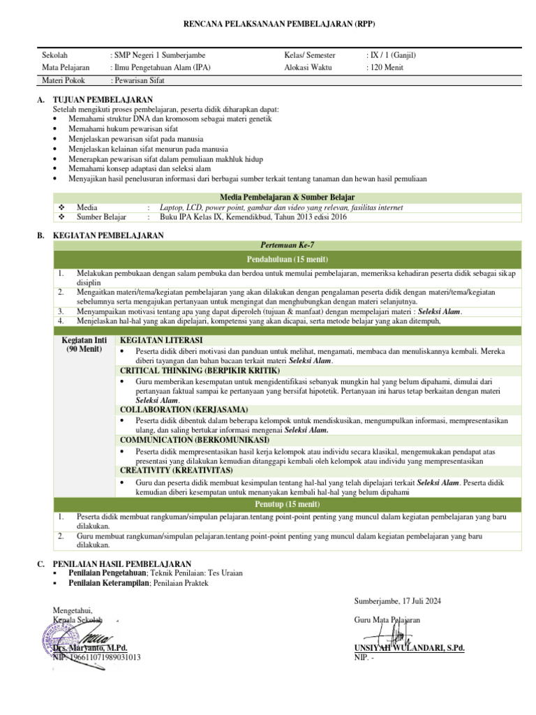 BAB 3 - RPP IPA K9 Pewaris Sifat | PDF | Karier & Perkembangan