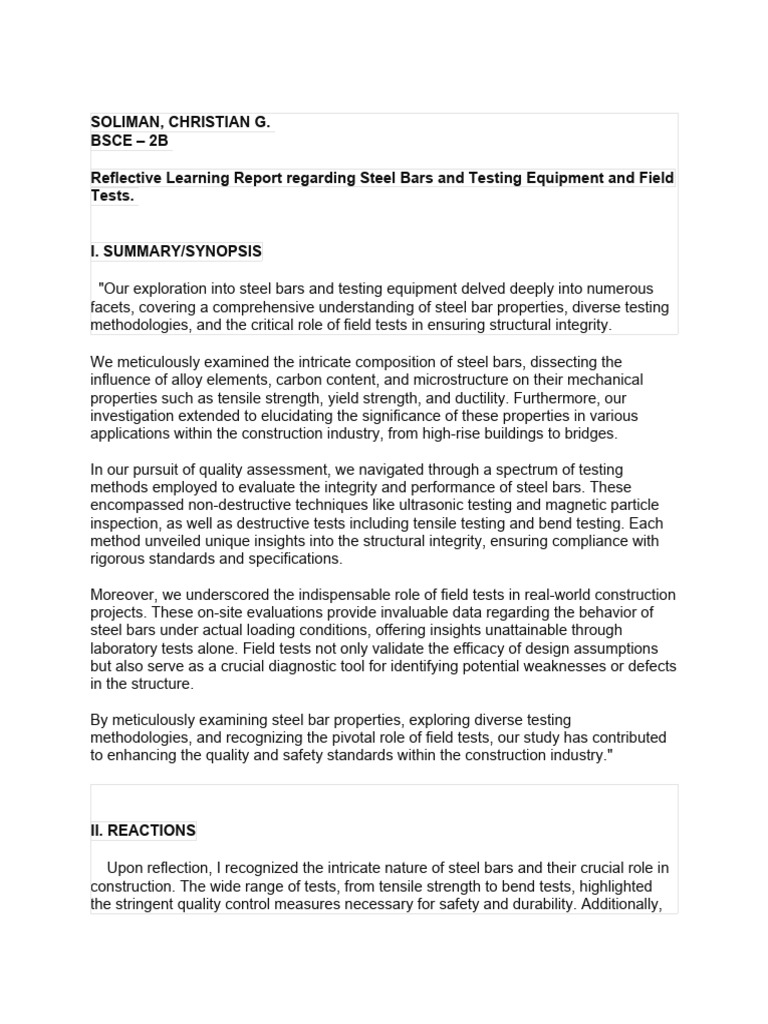 Reflective Learning Report Regarding Steel Bars and Testing Equipment ...