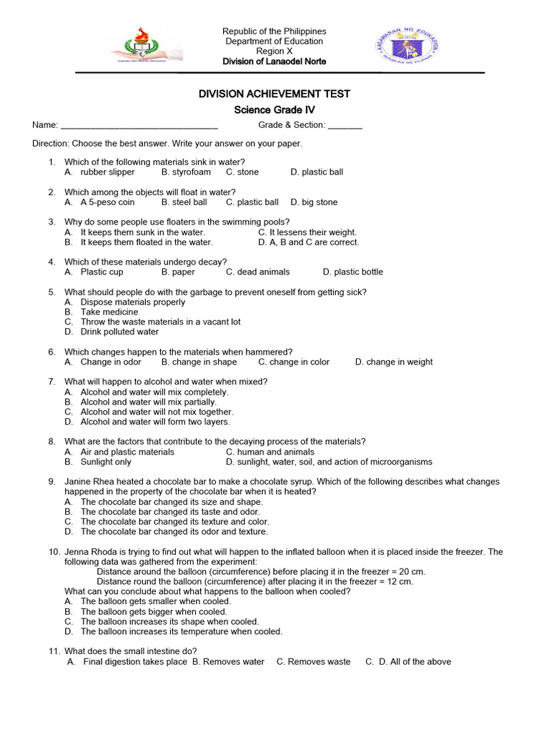 DAT - Grade 4 - Final | PDF | Water | Balloon