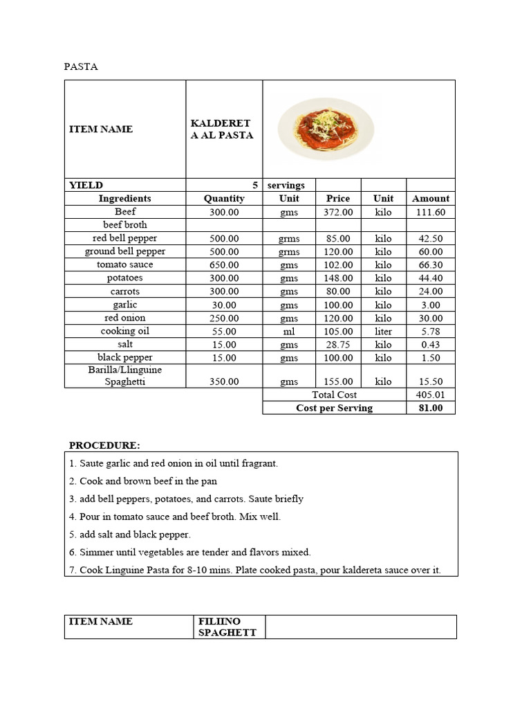 RECIPE COSTING AND COST & PRICING (2) | PDF | Pasta | Stir Frying