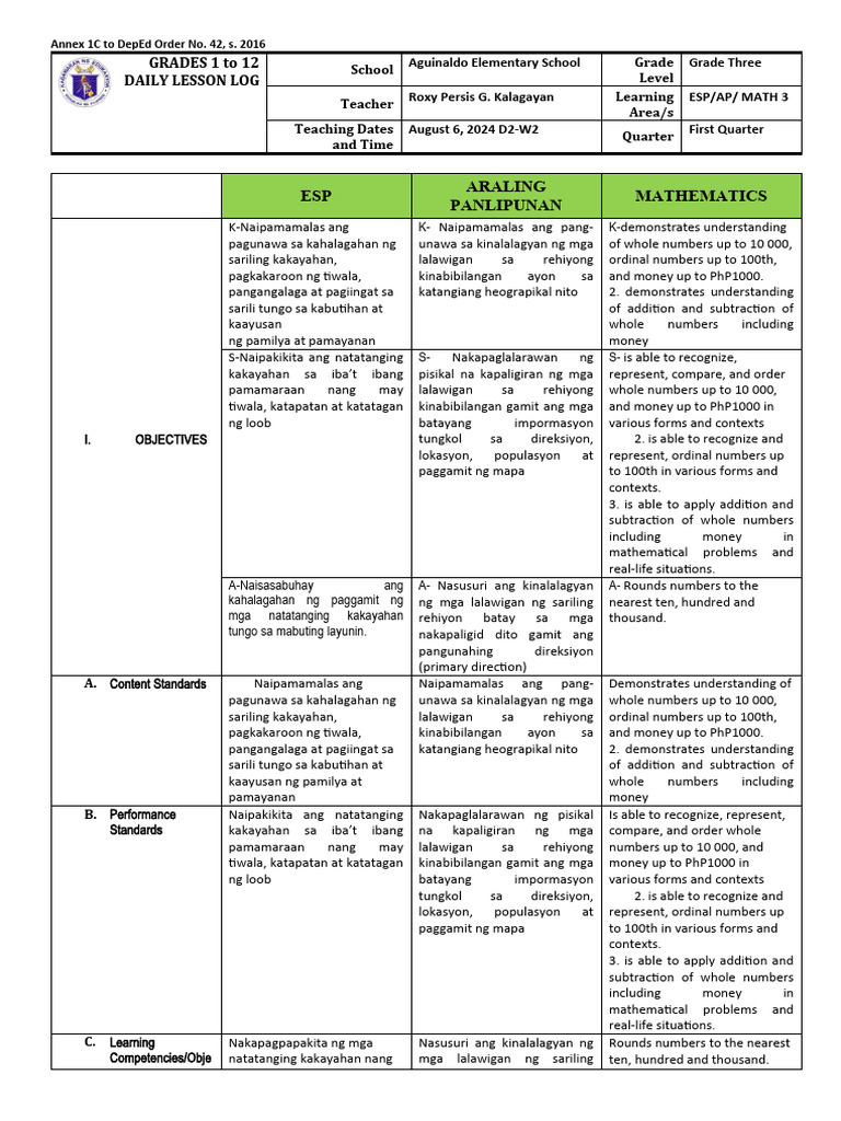 DLL Quarter 1 W2 D2 AP MATH ESP 3 | PDF
