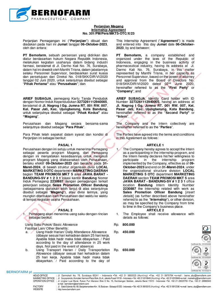 Perjanjian Magang PT Bernofarm 2023 | PDF
