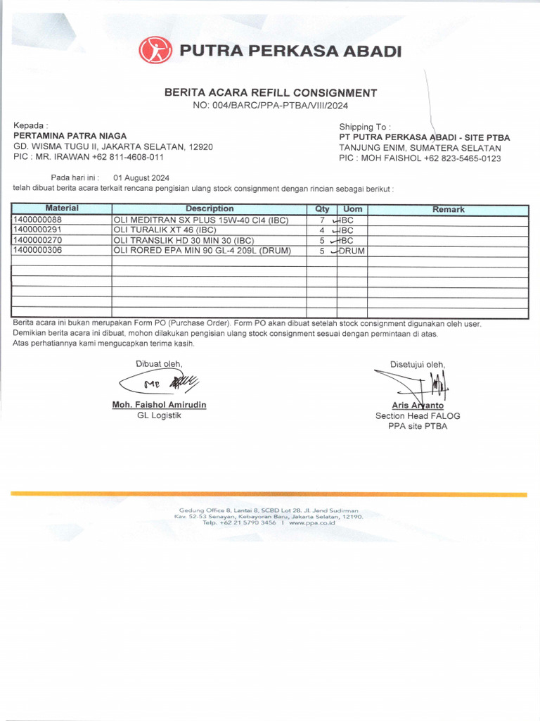 Ba Refill Stock Consigment 01 Agustus 2024 | PDF