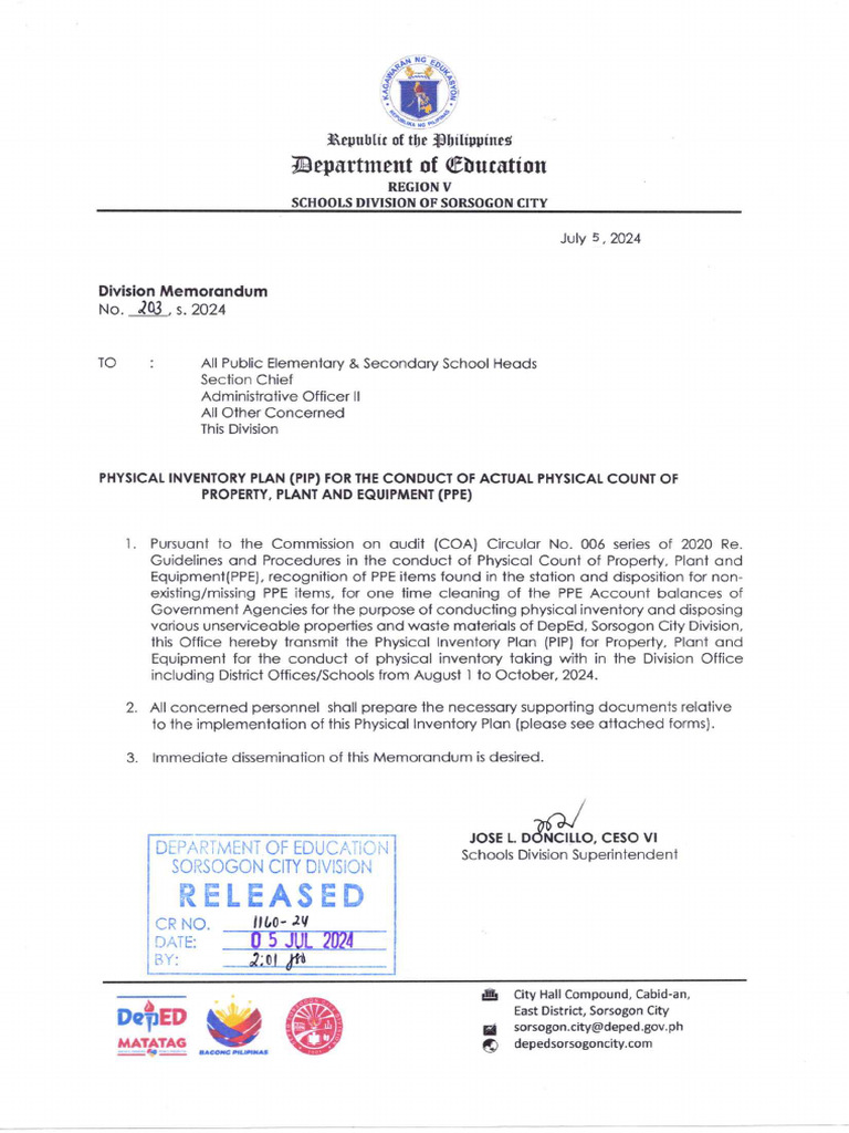 DM2024-203 Physical Inventory Plan (Pip) For The Conduct of Actual ...