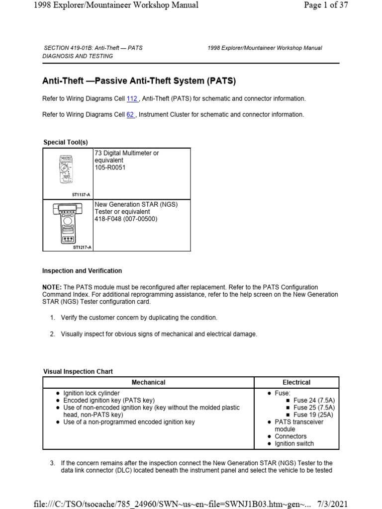 1998 Explorer/Mountaineer PATS Guide | PDF | Fuse (Electrical) | Voltage