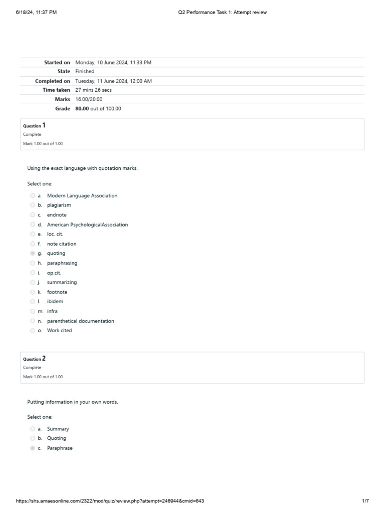 Q2-Performance-Task-1_-Attempt-review | PDF | Citation | Note (Typography)