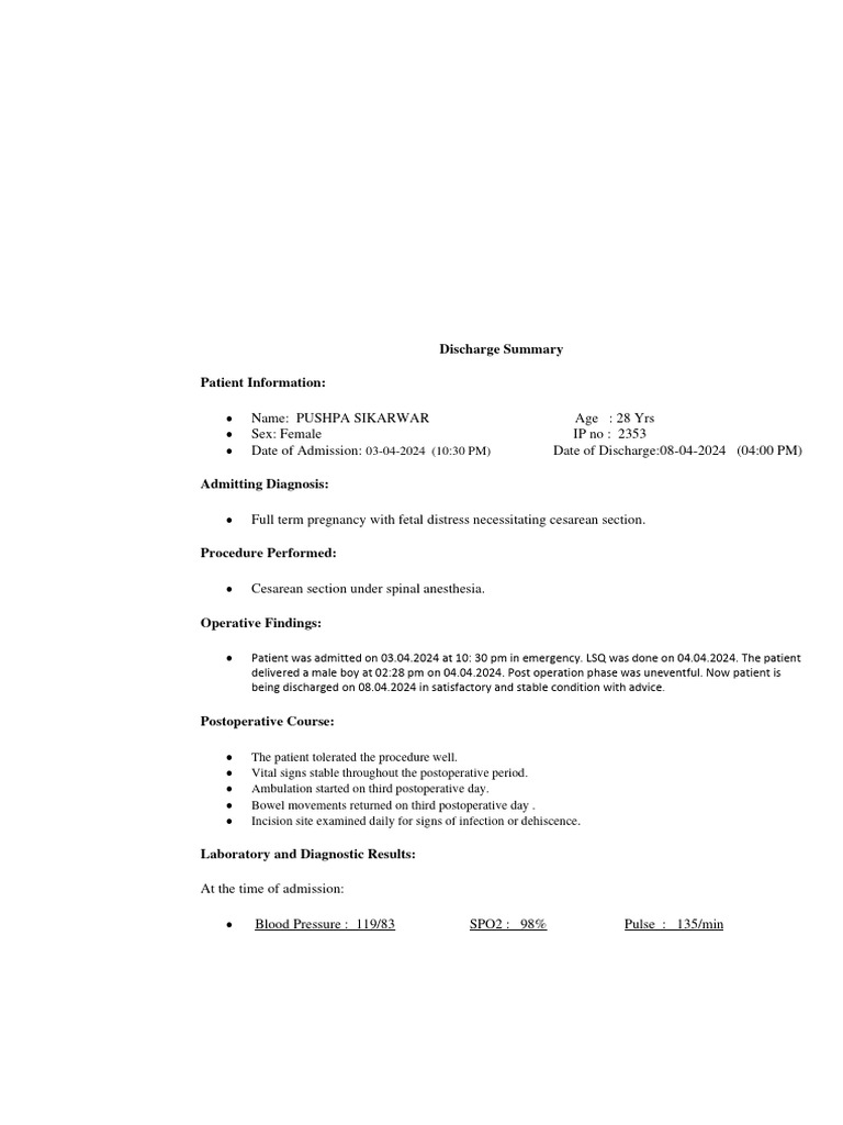 Cesarean Delivery Discharge Summary | PDF | Caesarean Section | Pregnancy