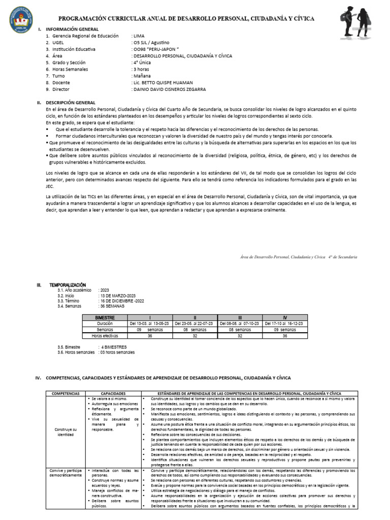 4to Programacion Anual D.P.C.C | PDF | Enseñando | Democracia