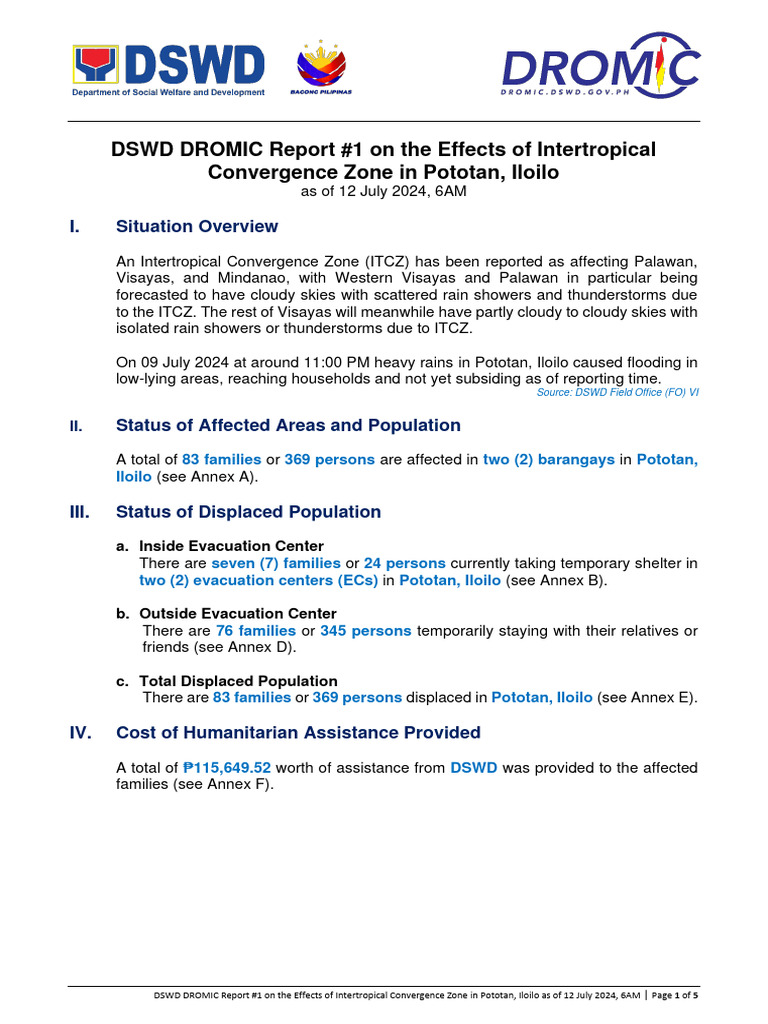 DSWD DROMIC Report 1 On The Effects of Intertropical Convergence Zone ...