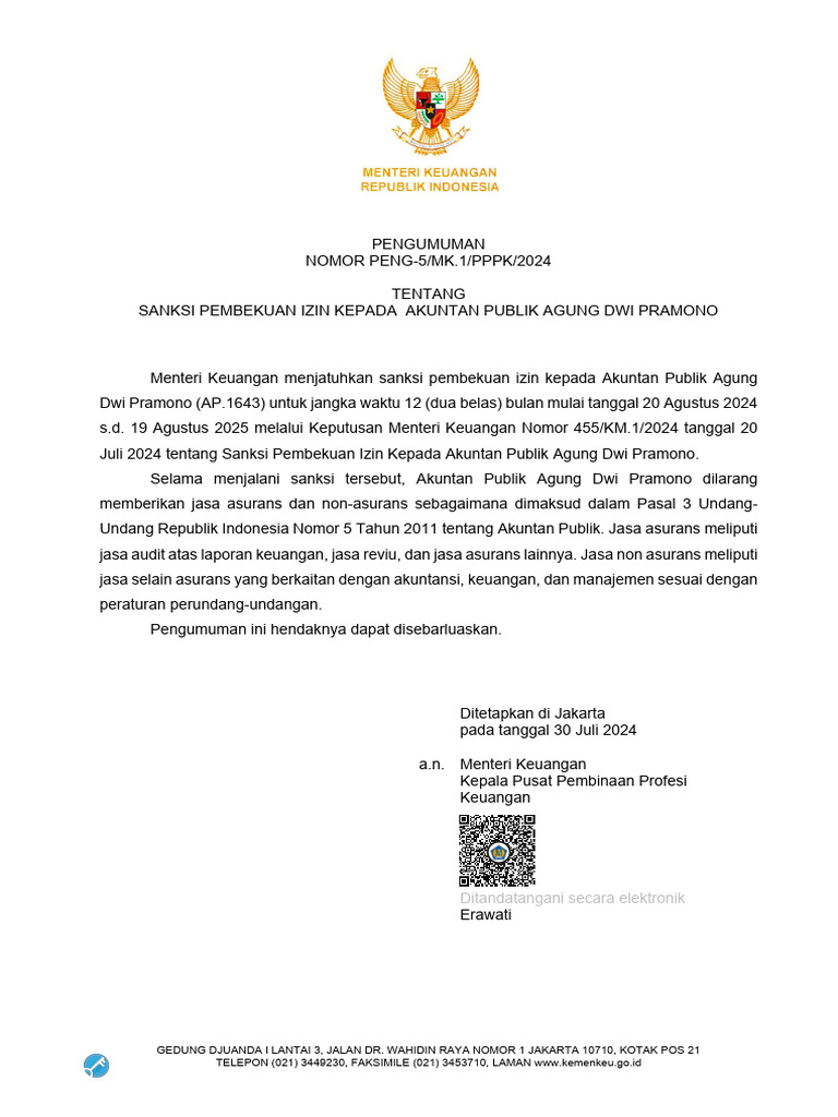 Sanksi Akuntan Publik Agung Dwi Pramono AP.1643 Tahun 2024-2025 KAP ...