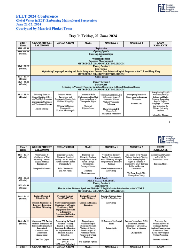 FLLT Conference 2024 Program Schedule For All | PDF | English As A ...