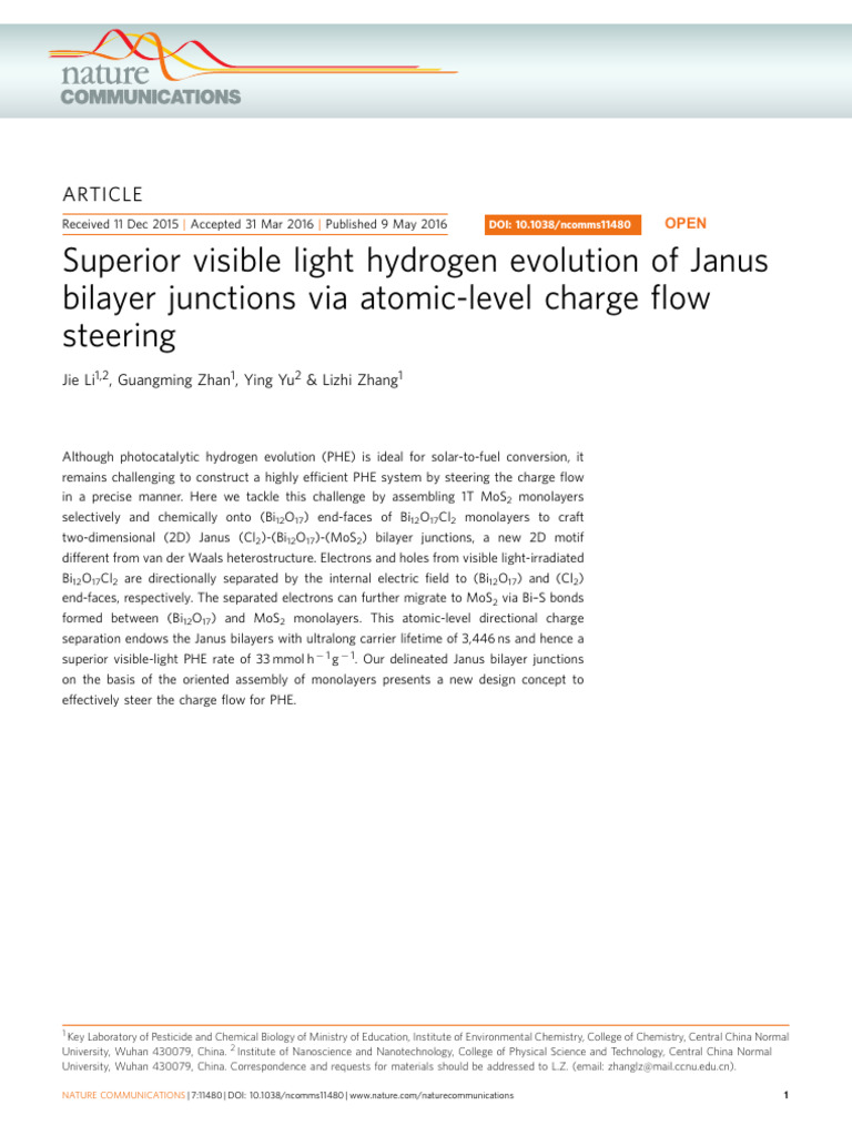 Superior Visible Light Hydrogen Evolution of Janus | PDF | X Ray ...