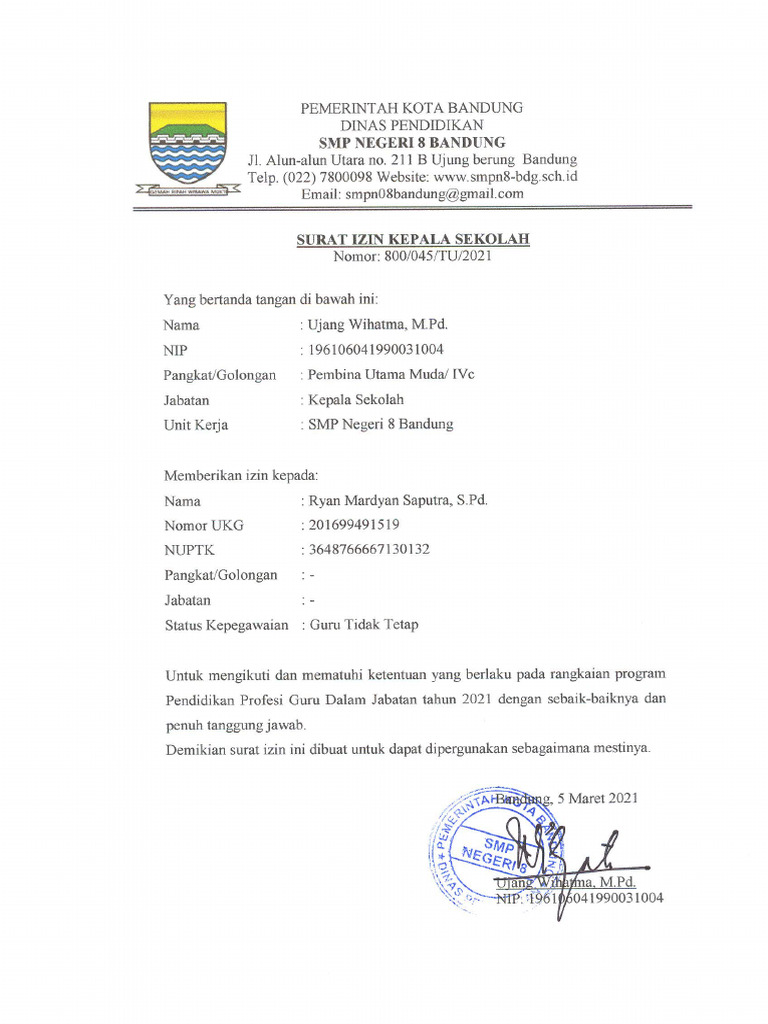 Surat Ijin Kepala Sekolah - Ryan Mardyan Saputra | PDF