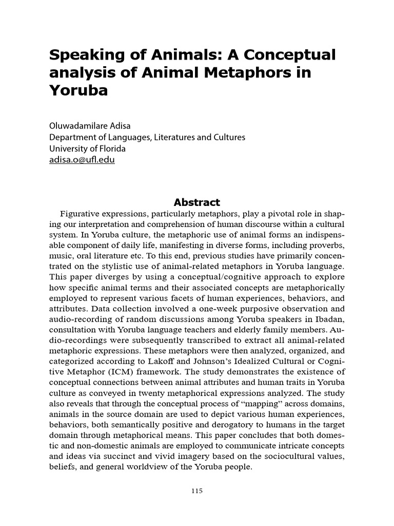 Speaking of Animals A Conceptual Analysis of Animal Metaphors in Yoruba ...
