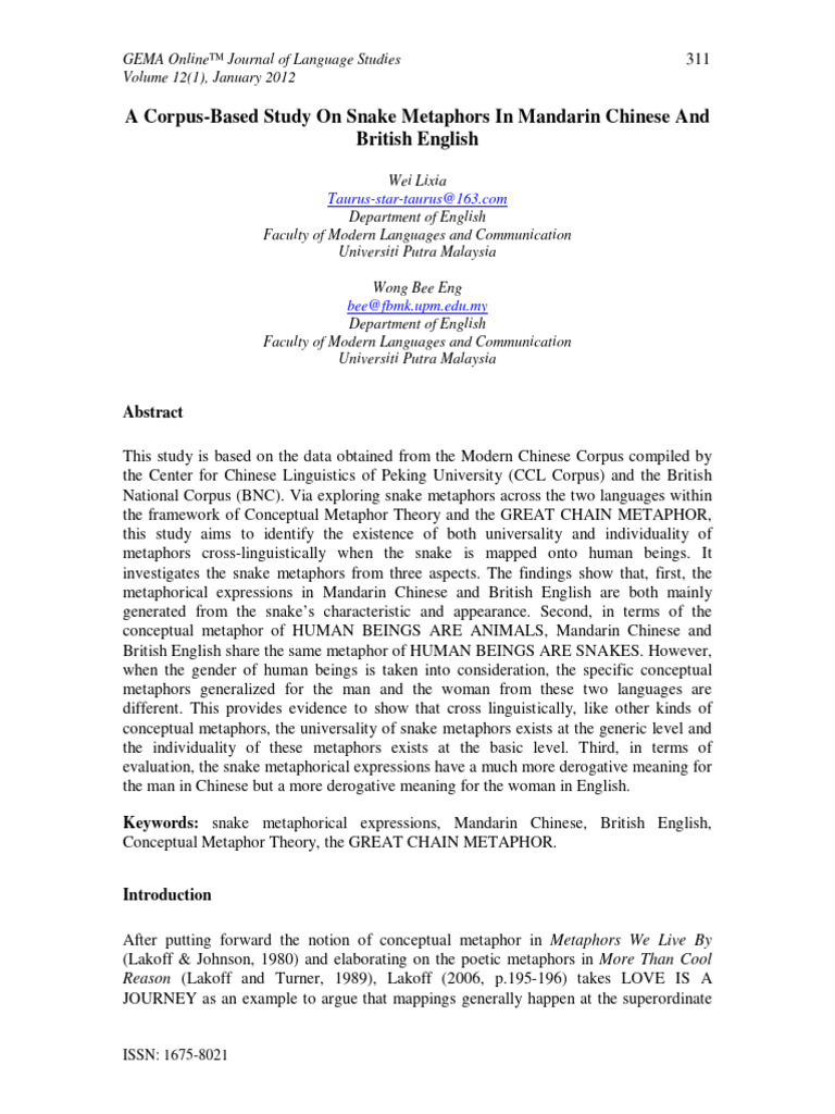 A Corpus-Based Study on Snake Metaphors in Mandarin Chinese and British ...