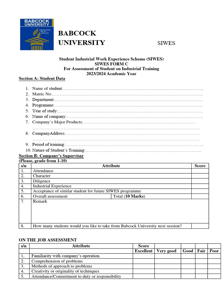 SIWES Form C 2024 | PDF | Career & Growth