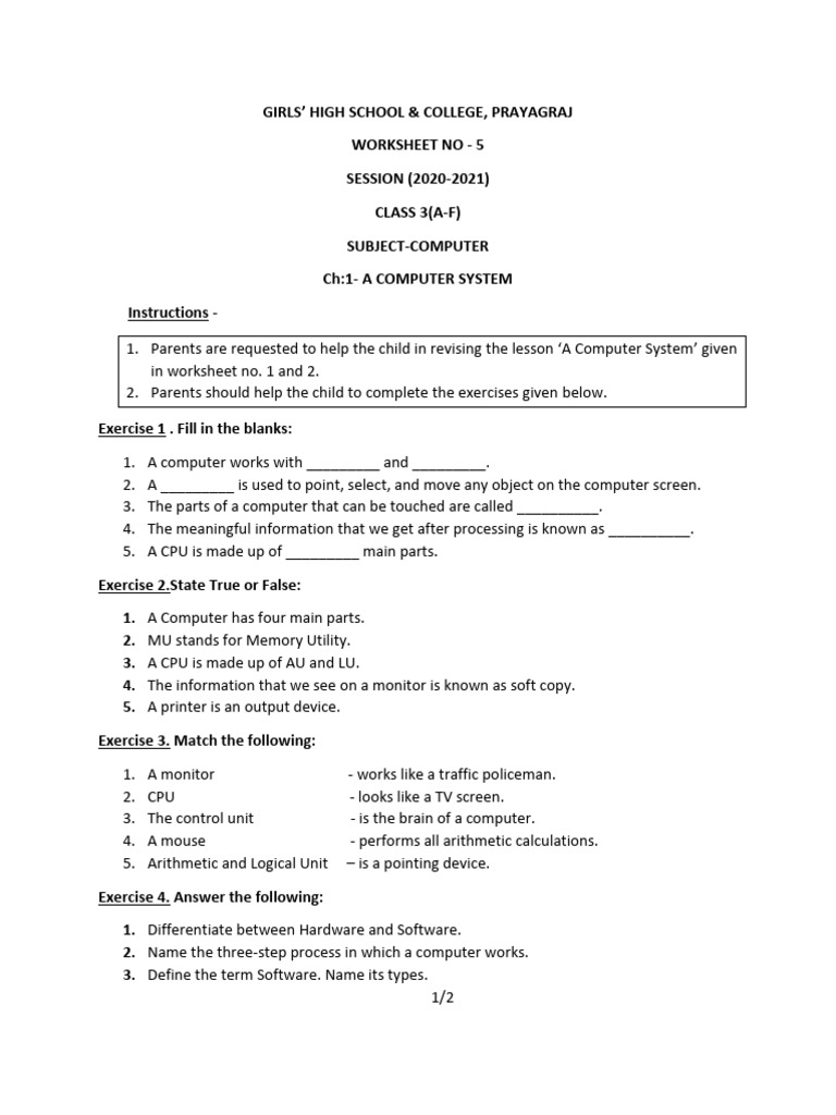 Class 3 Computer Worksheet No. 5 | PDF