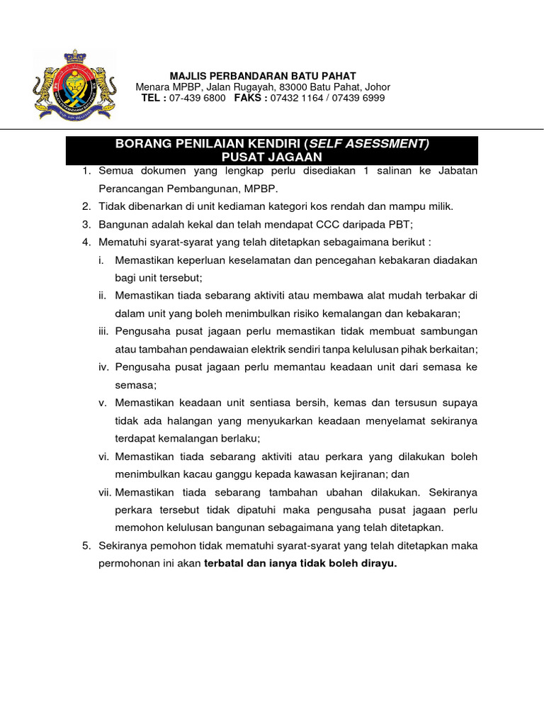 Borang Penilaian Kendiri Self Asessment Pusat Jagaan 20062023 | PDF