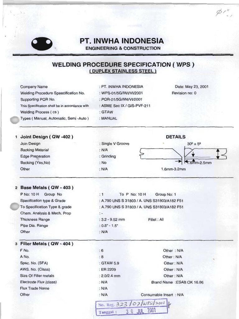 3.1) WPS&PQR-01 - 5G - IWI - VI - 2001 (GTAW) (P-No.10H) (Duplex SS) | PDF