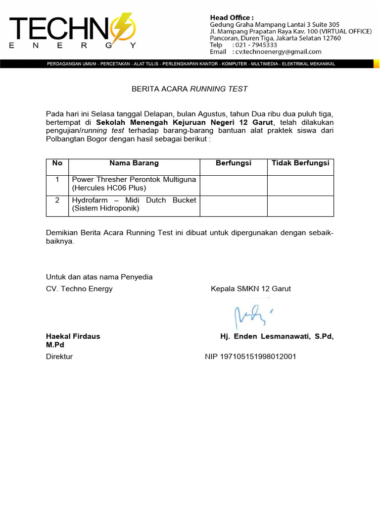 BERITA ACARA RUNNING TEST | PDF
