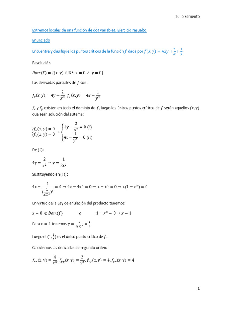 1er Parcial - EJERCICIO RESUELTO DE EXTREMOS LOCALES | PDF | Cálculo | Análisis matemático