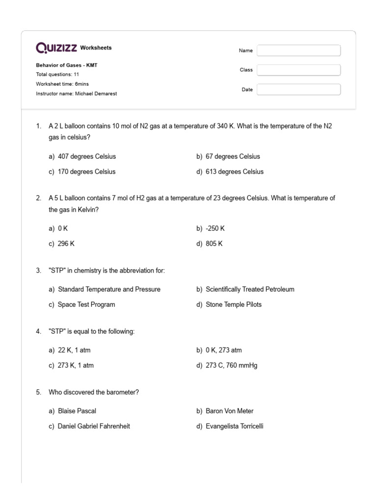 Behavior of Gases Review | PDF | Gases | Temperature