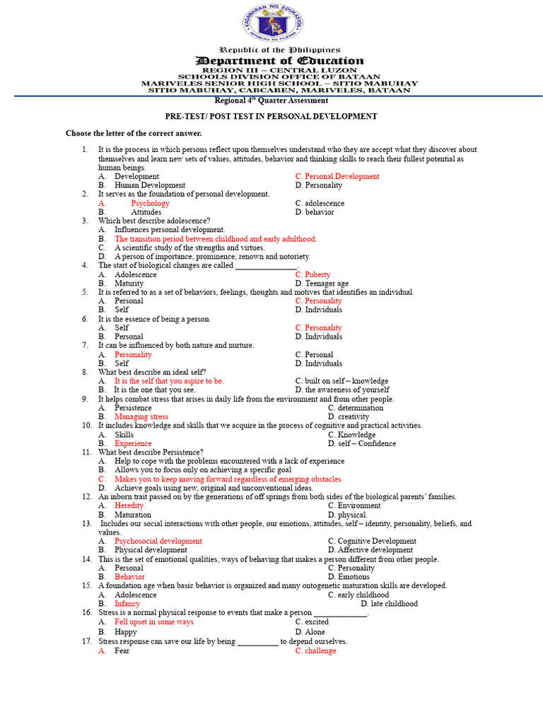 Regional 4th Quarter Assessment - PERDEV - KEY ANSWER | PDF | Adolescence | Stress (Biology)