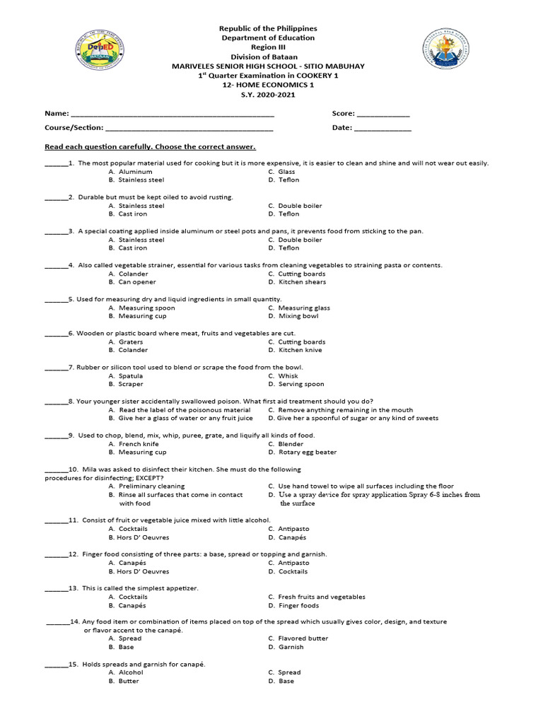 1st QUARTER EXAM COOKERY 1 Gr.12 | PDF | Salad | Hors D'oeuvre
