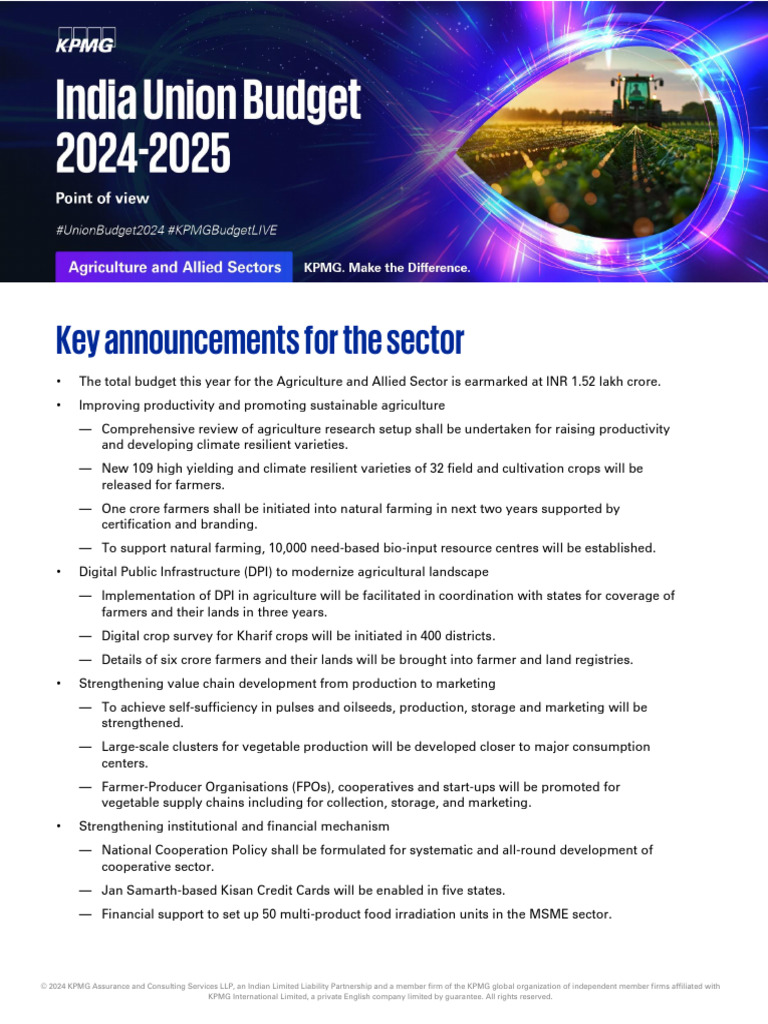 Agriculture and Allied Sectors Pov Union Budget 2024 25 | PDF | Taxes ...