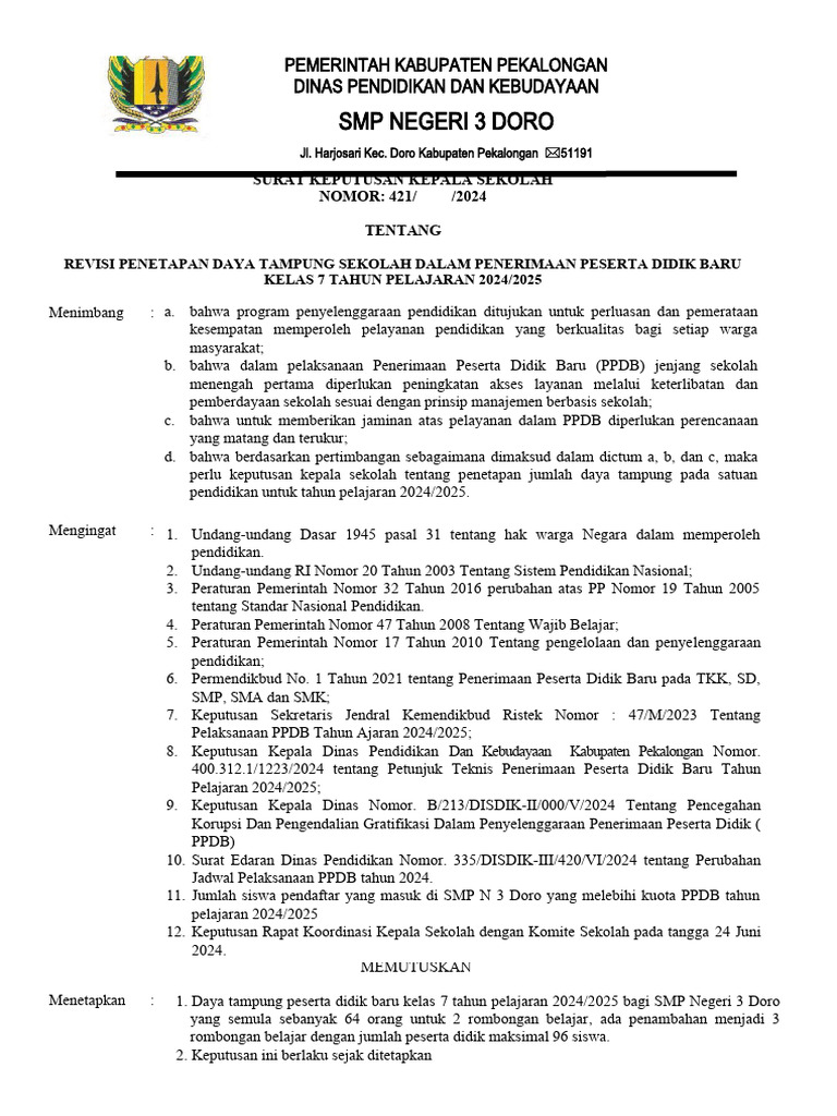 Revisi SK Penetapan Daya Tampung | PDF