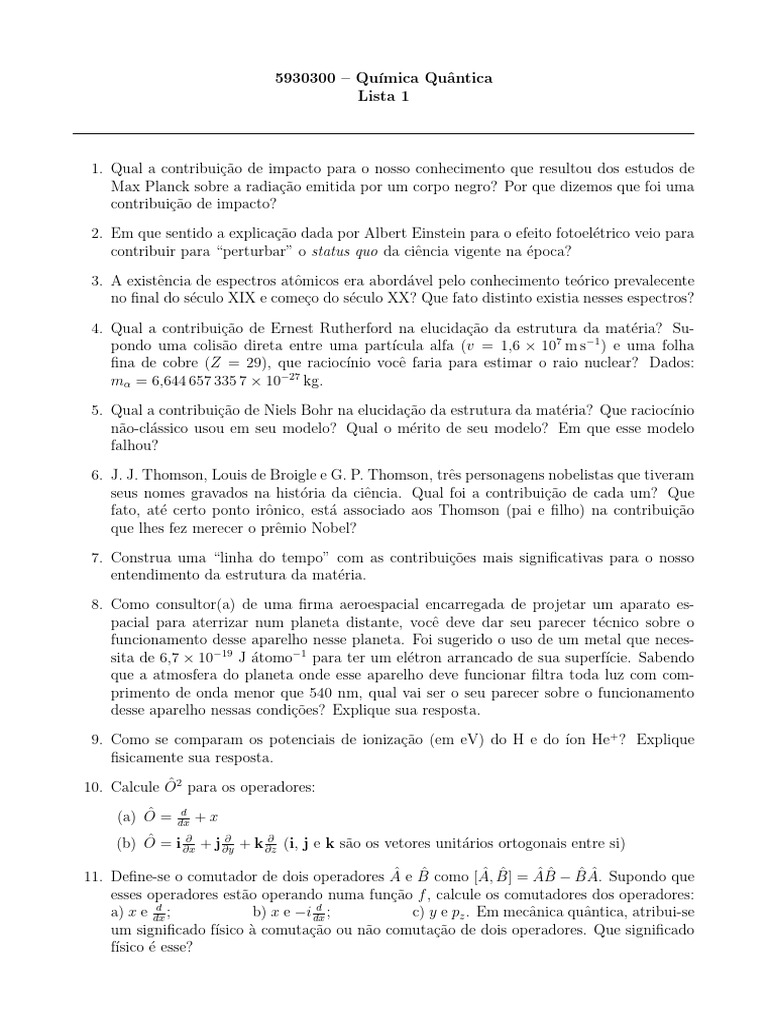 Lista 1 - Química Quântica | PDF | Elétron | Mecânica Quântica