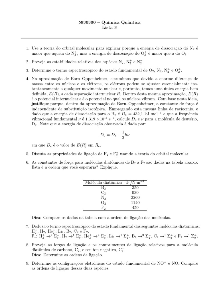Lista 3 - Química Quântica | PDF | Orbital molecular | Moléculas