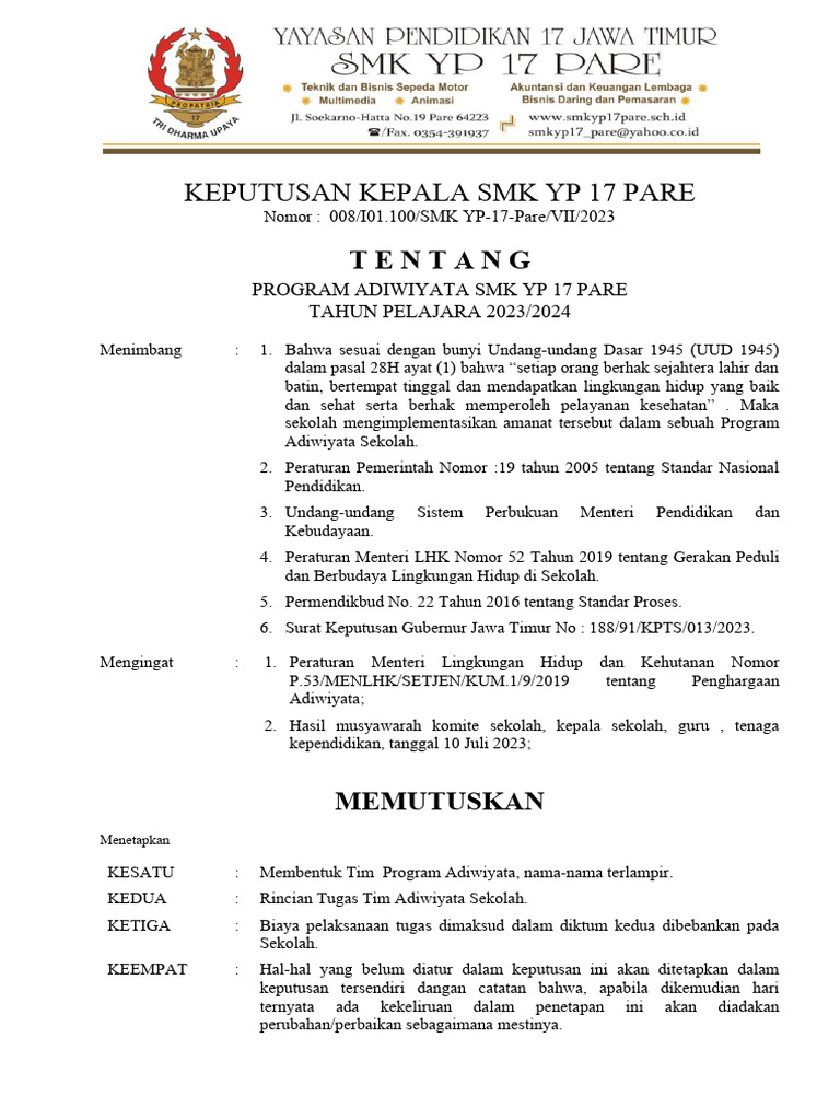 SK Tim Adiwiyata SMK YP 17 Pare 2023 | PDF