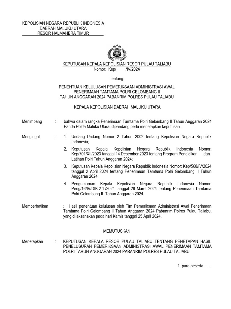 Hasil Kelulusan Tamtama Polri 2024 | PDF
