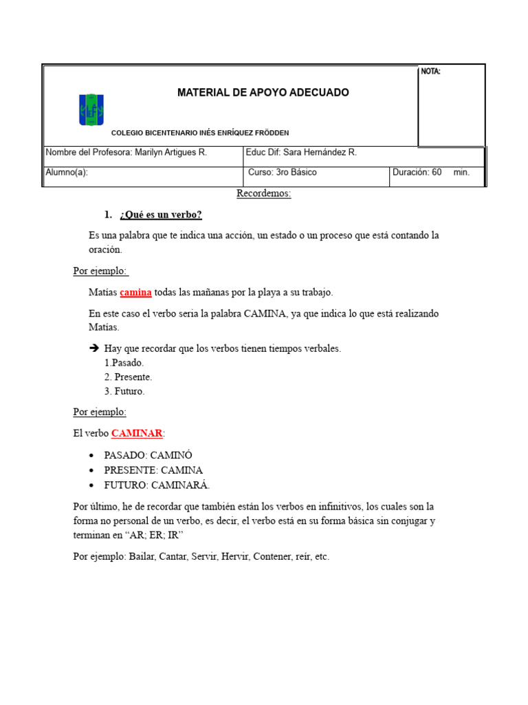 MATERIAL DE APOYO 4° Básico | PDF | Verbo | Asunto (gramática)