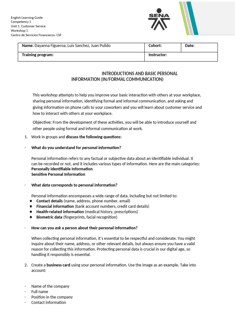 GUIDE 23 WORKSHOP 1- INTRODUCTIONS AND BASIC PERSONAL INFORMATION | PDF ...