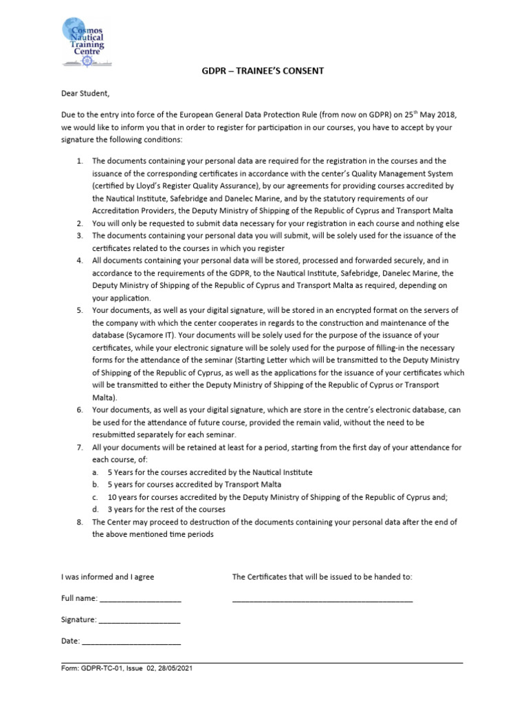 GDPR-TC-01, GDPR - Trainee's Consent Ed. 2 Eng | PDF