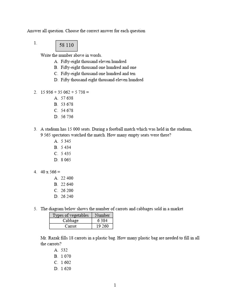Math Year 4 Paper 1 | PDF | Volume