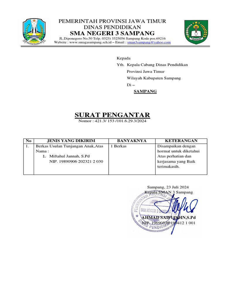 Surat Pengantar Usulan Tunjangan Anak Miftahul Jannah | PDF