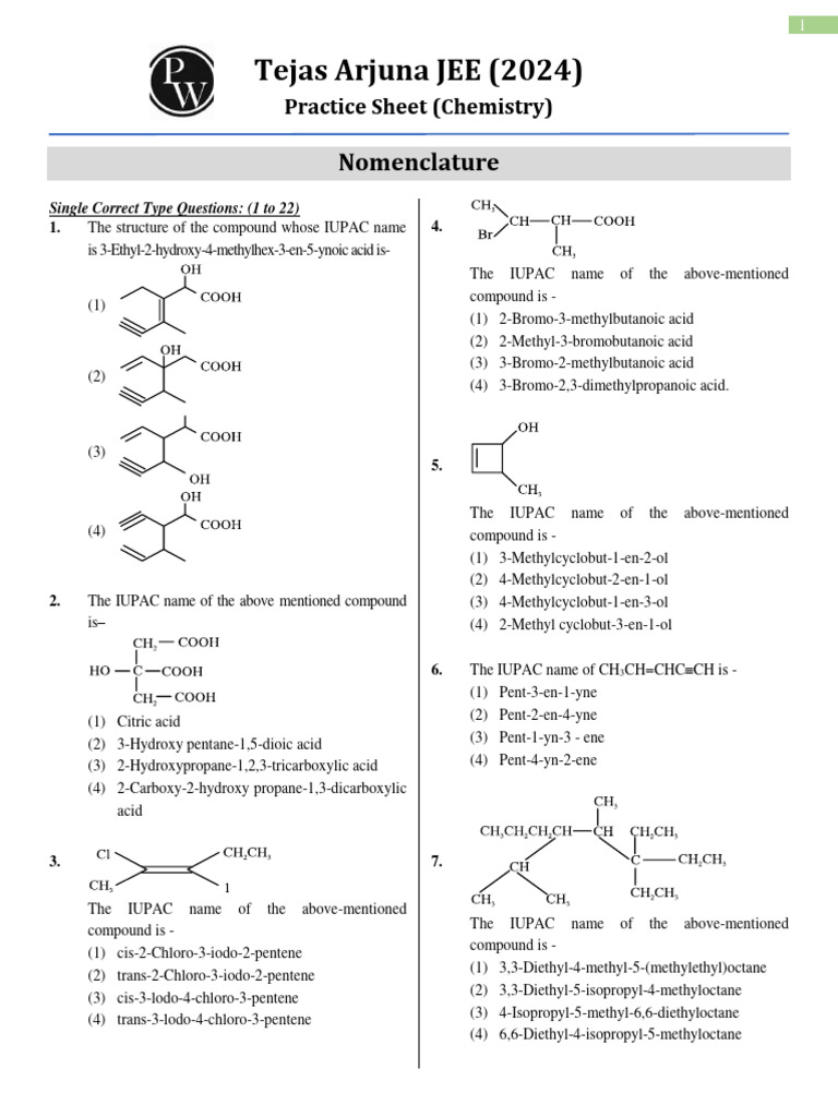 Organic Compounds Nomenclature Practice | PDF | Chemical Compounds ...