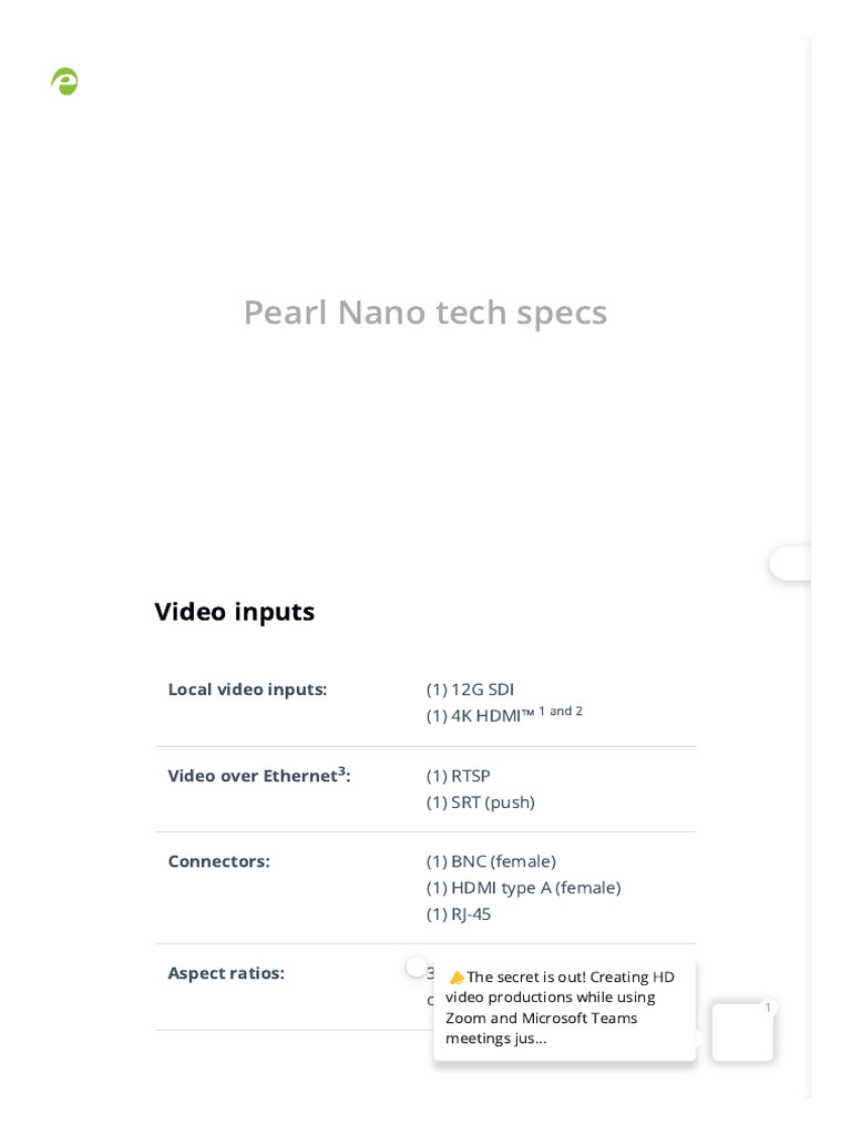 II.4 Pearl Nano Tech Specs - Epiphan Video | PDF | Hdmi | Video