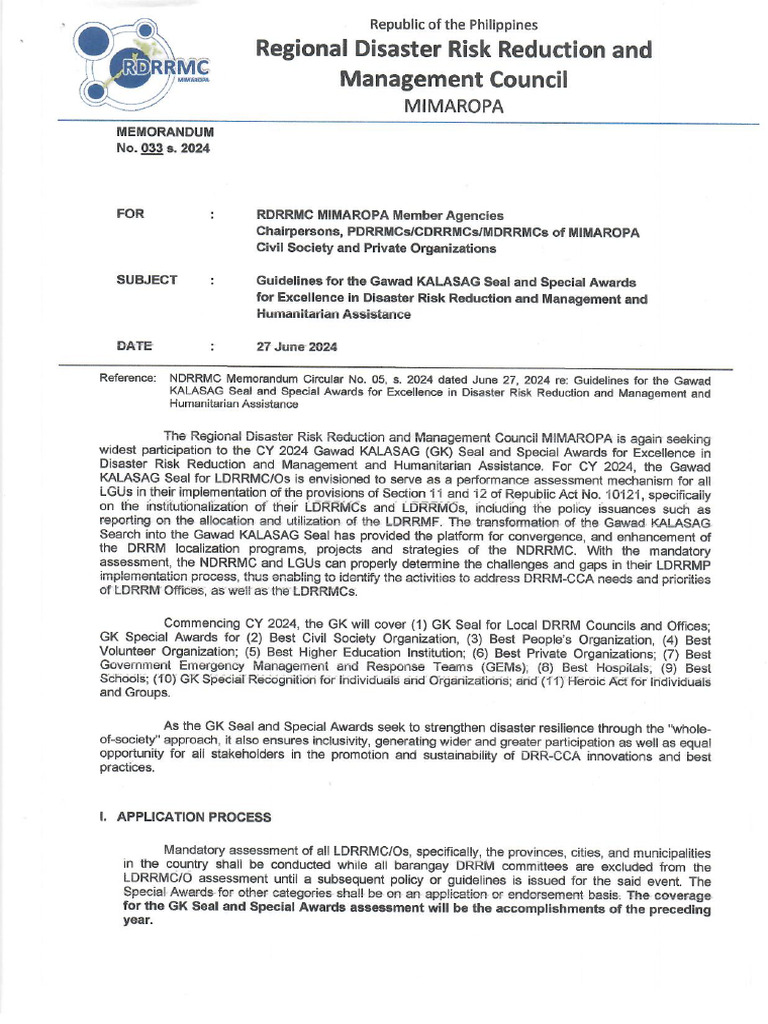 RDRRMC Memo No. 33 Guidelines For The Gawad KALASAG Seal and Special ...