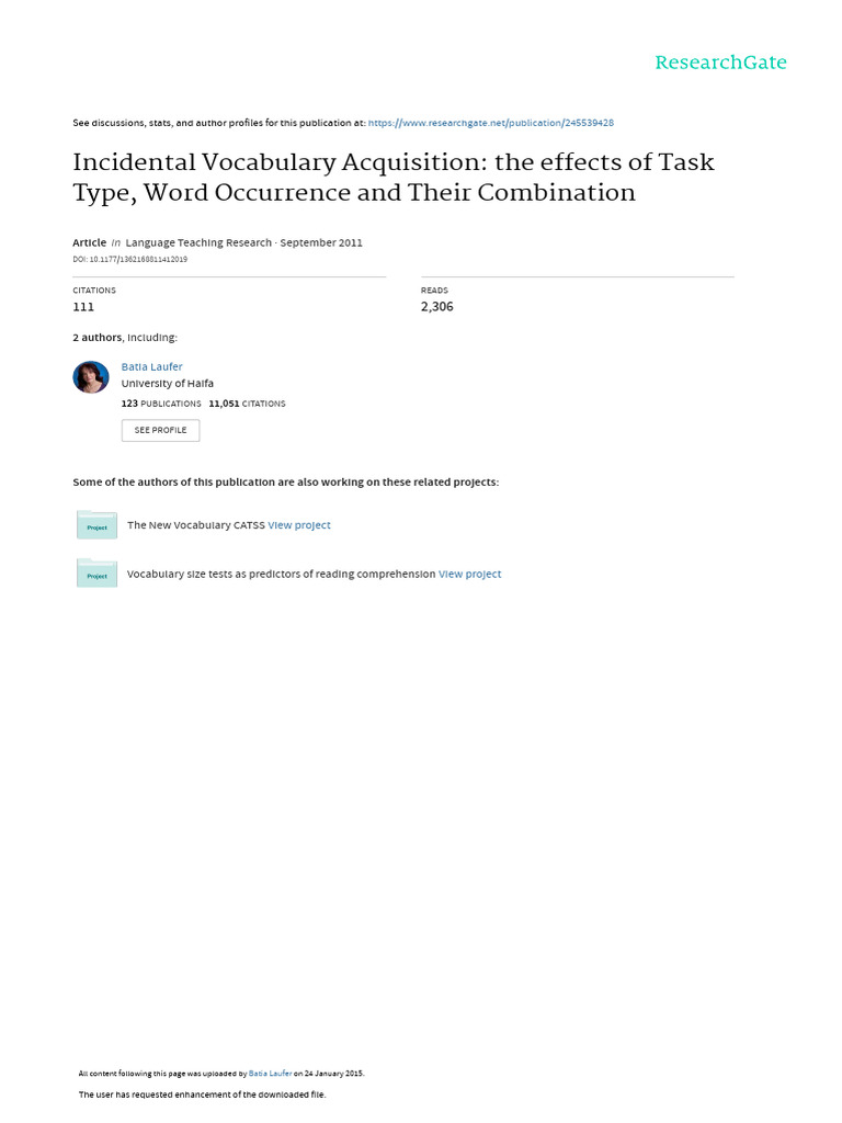 Incidental Vocabulary Acquisition: The Effects of Task Type, Word Occurrence and Their ...