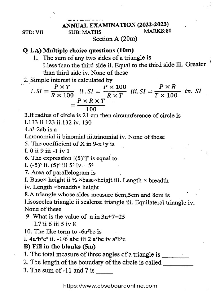 Class 7 Maths Sample Paper | PDF