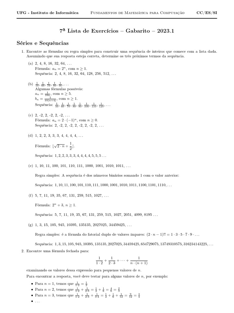 Lista7 Series Sequencias Gabarito | PDF | Estruturas matemáticas | Aritmética