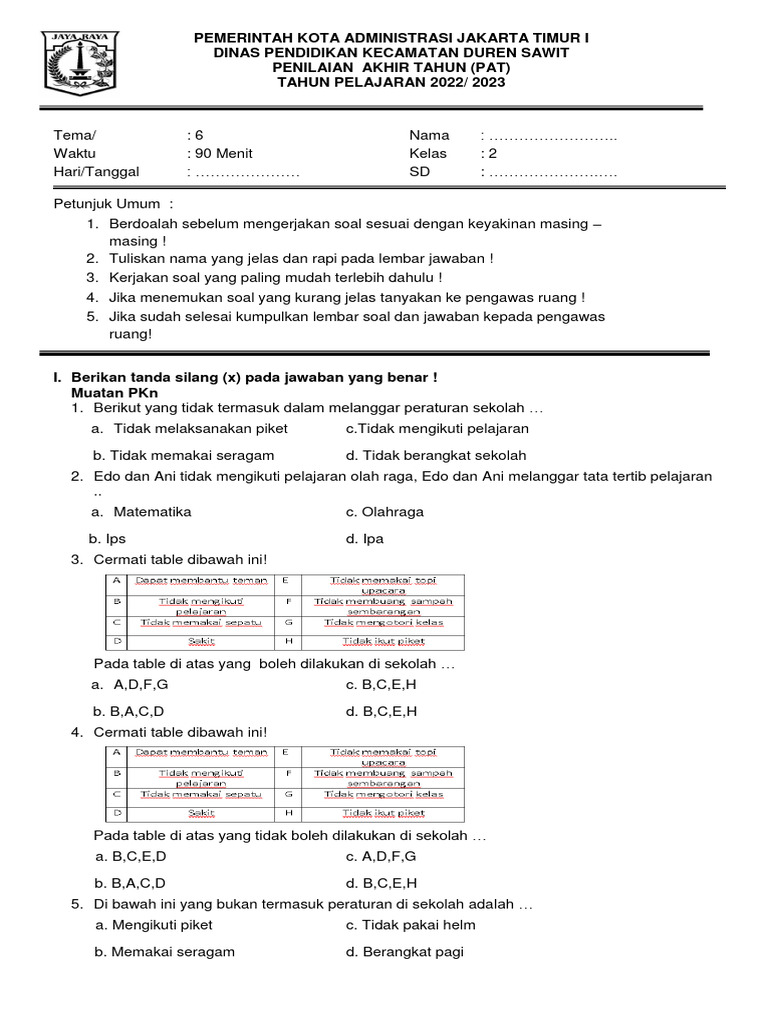 Soal PAT Kelas 2 Tema 6 Kelas 2 | PDF