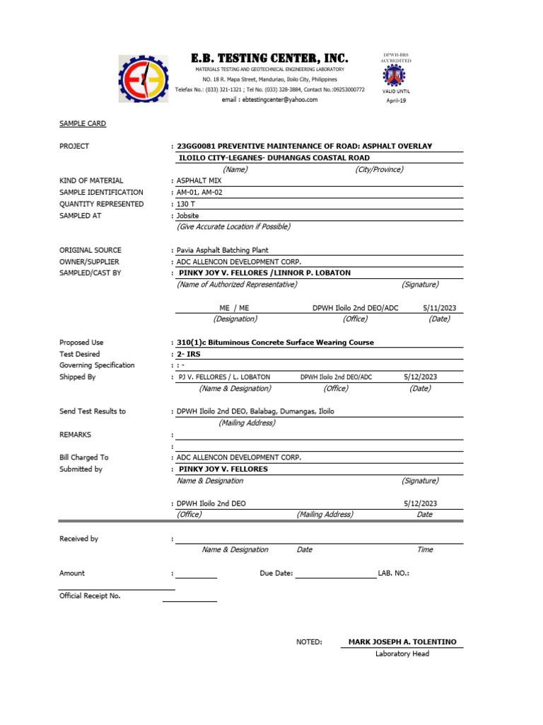 Sample Card EB Testing 2023 23GG0081 | PDF | Civil Engineering